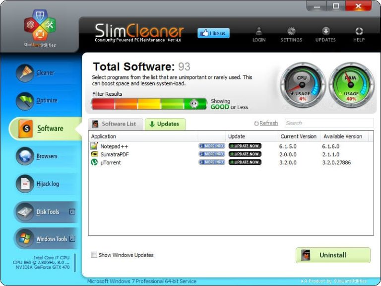 SlimCleaner 4 con comprobación de actualizaciones de software