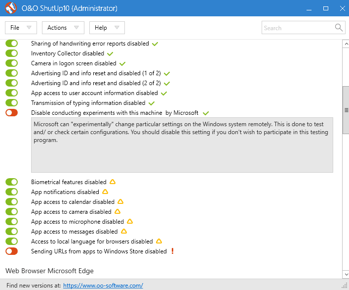 Permitir la experimentación en Windows 10
