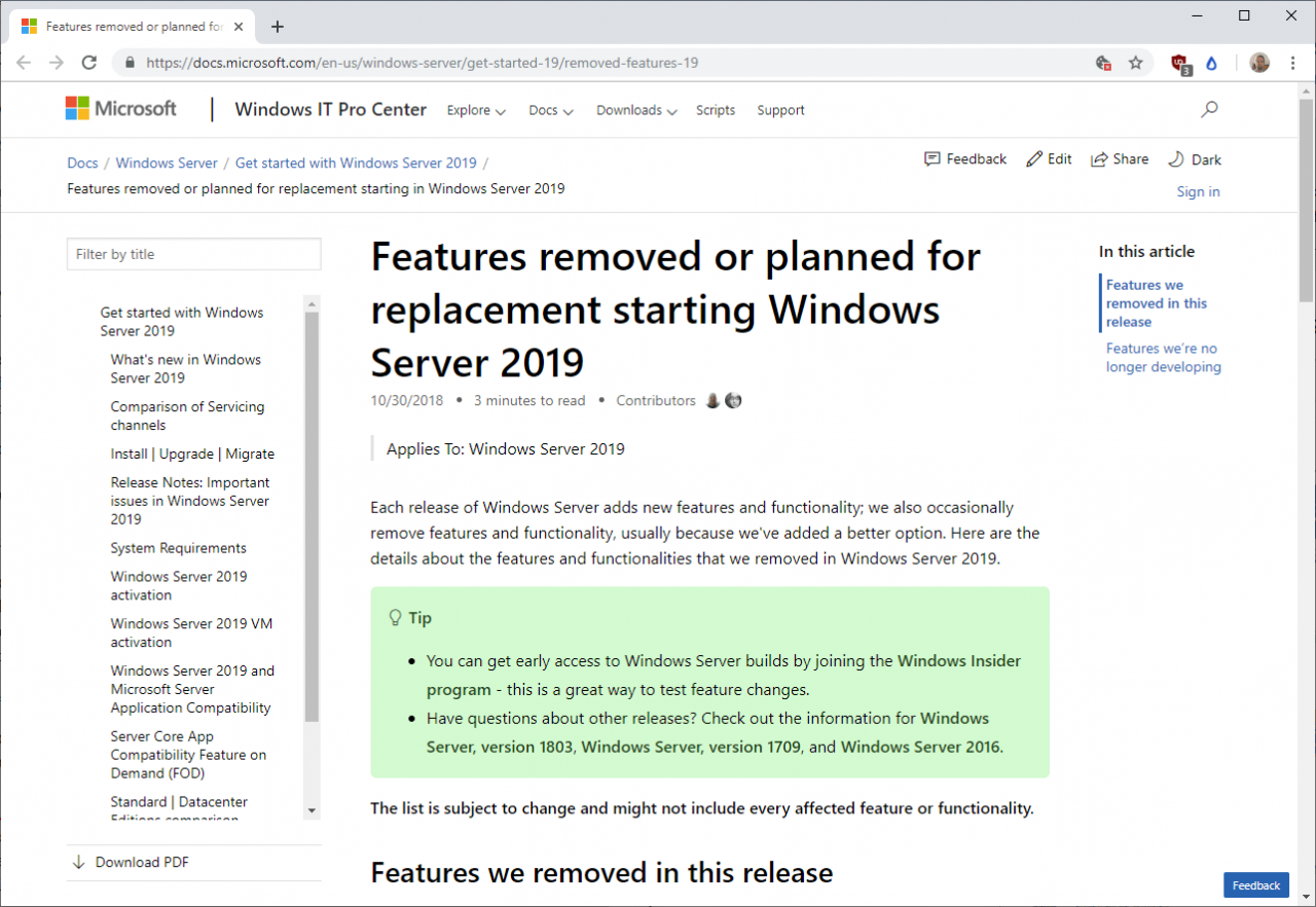 Windows Server 2019: características eliminadas y obsoletas