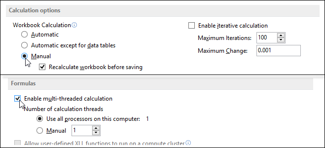 Cómo cambiar las funciones de cálculo automático y multihilo en Excel 2013